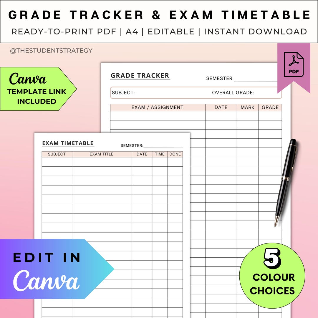 Simple Grade Tracker & Exam Timetable Set | Printable Grade Sheet ...