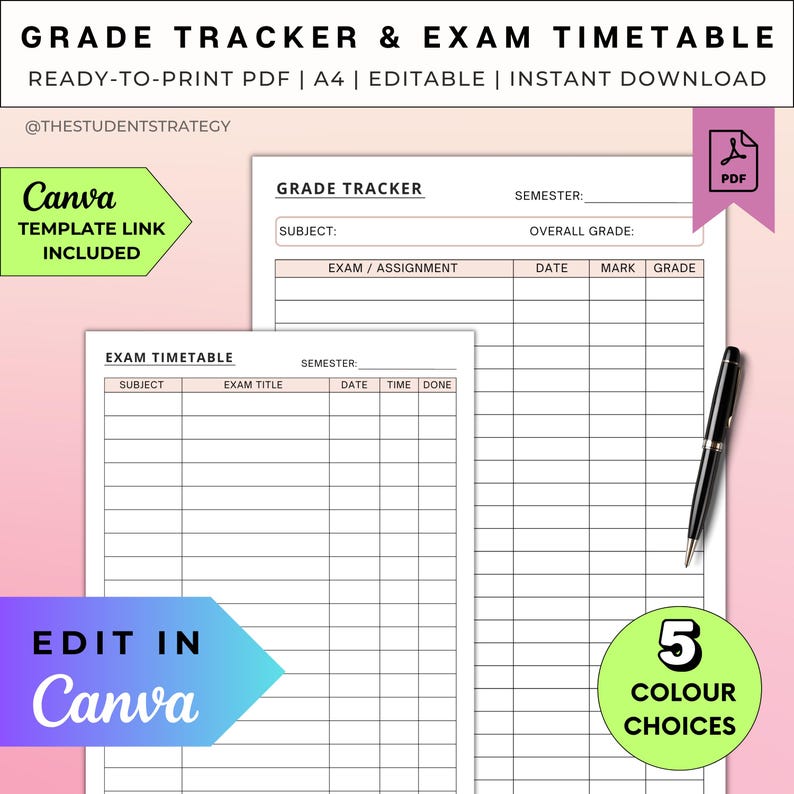 Simple Grade Tracker & Exam Timetable Set | Printable Grade Sheet ...