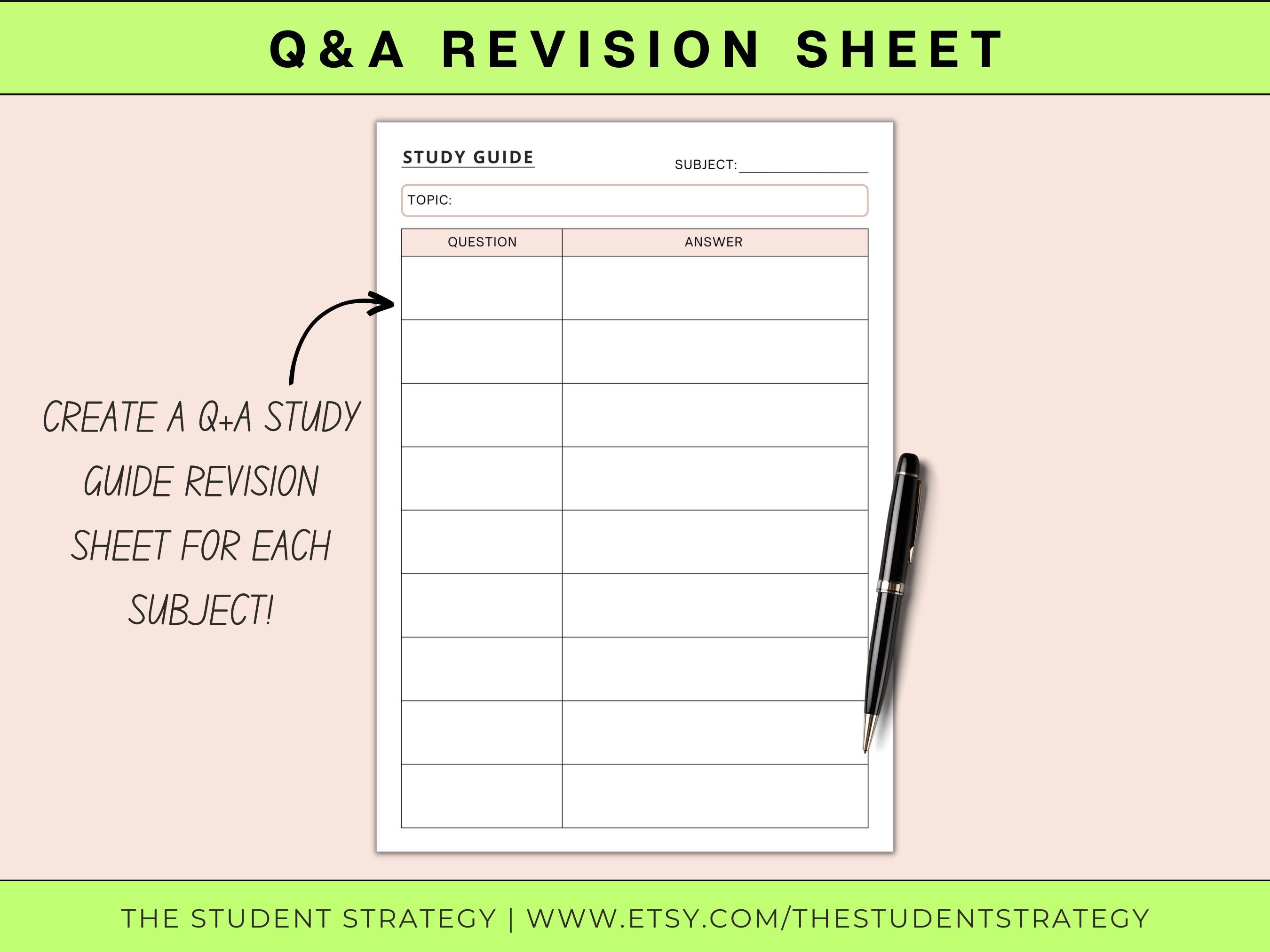 Simple Study Guide Revision Sheet | Printable Q+A Revision Template for ...