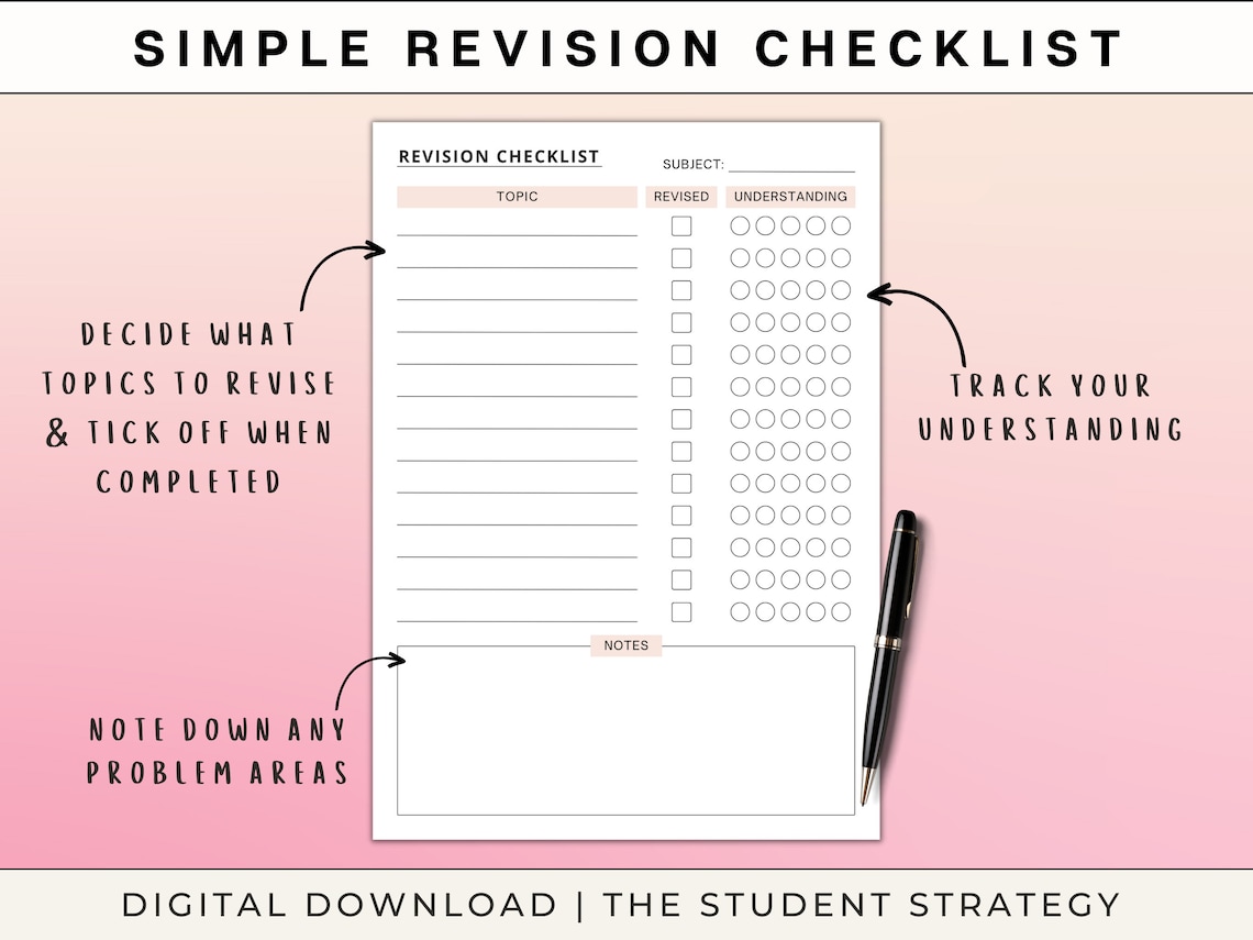 Simple Revision Checklist Printable Student Revision Plan Exam Prep A4 ...