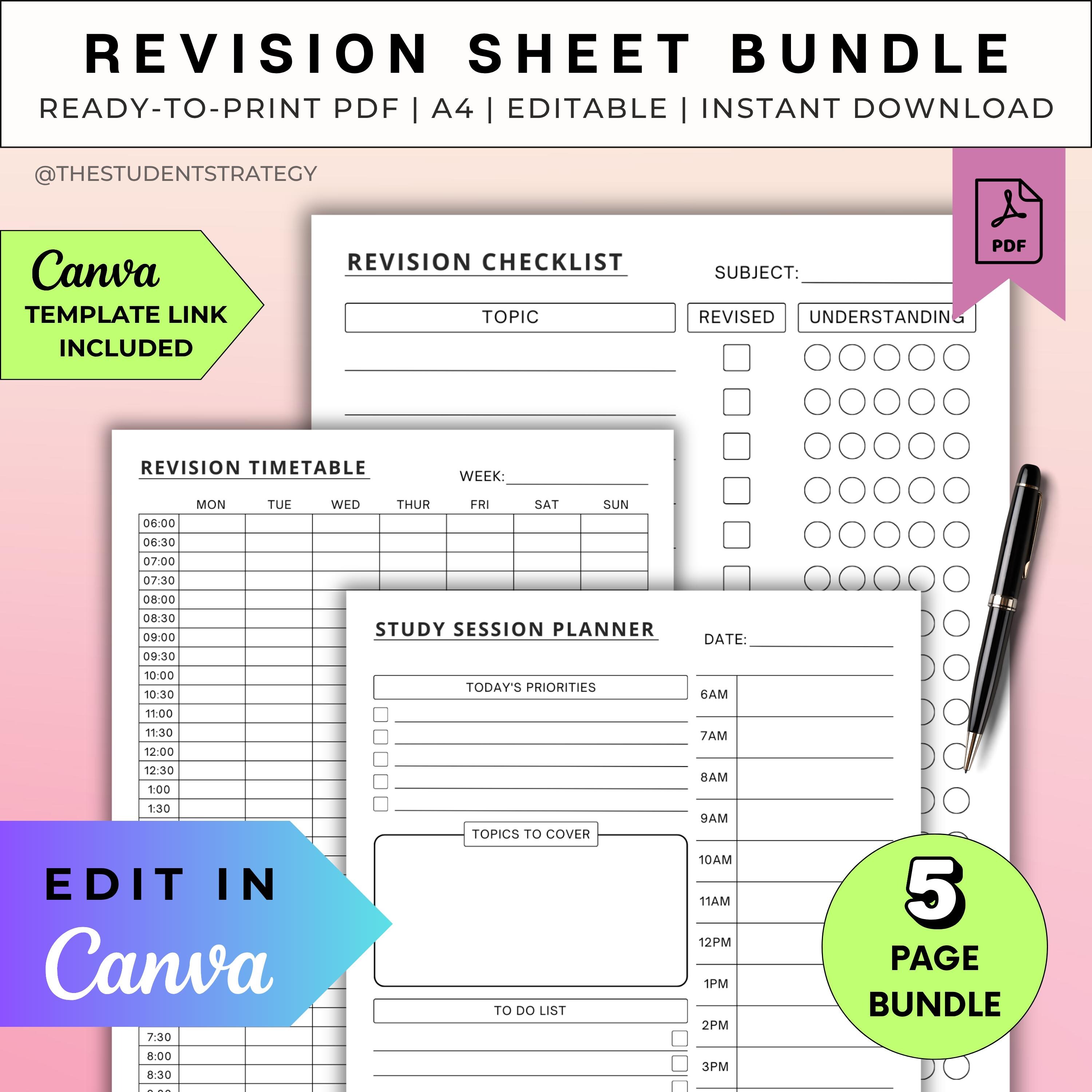 Revision Sheet Bundle | Revision Timetable & Checklist | Study Session ...