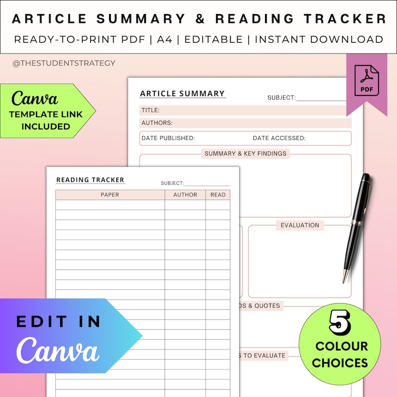 Article Summary & Reading Log Bundle | Printable Research Paper Summary ...