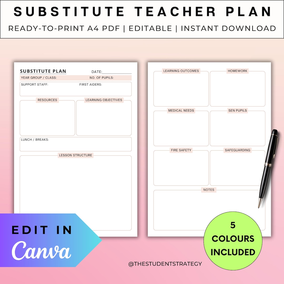 Substitute Teacher Plan | Printable Lesson Plan Template for Teachers ...