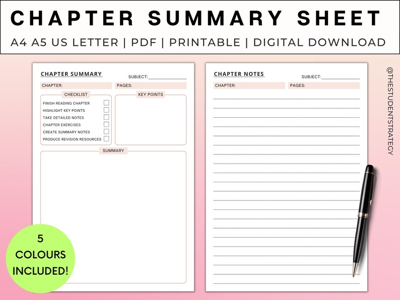 Chapter Summary Sheet & Note-taking Template Printable Revision Sheet ...