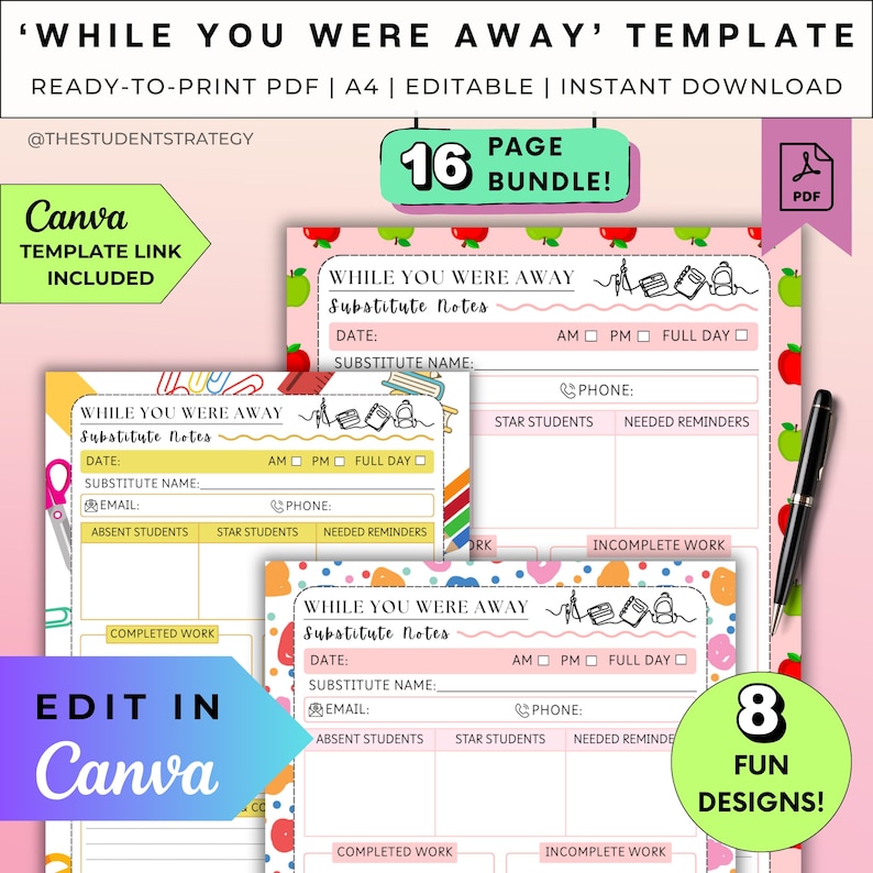 While You Were Away Substitute Teacher Notes | Substitute Teacher ...