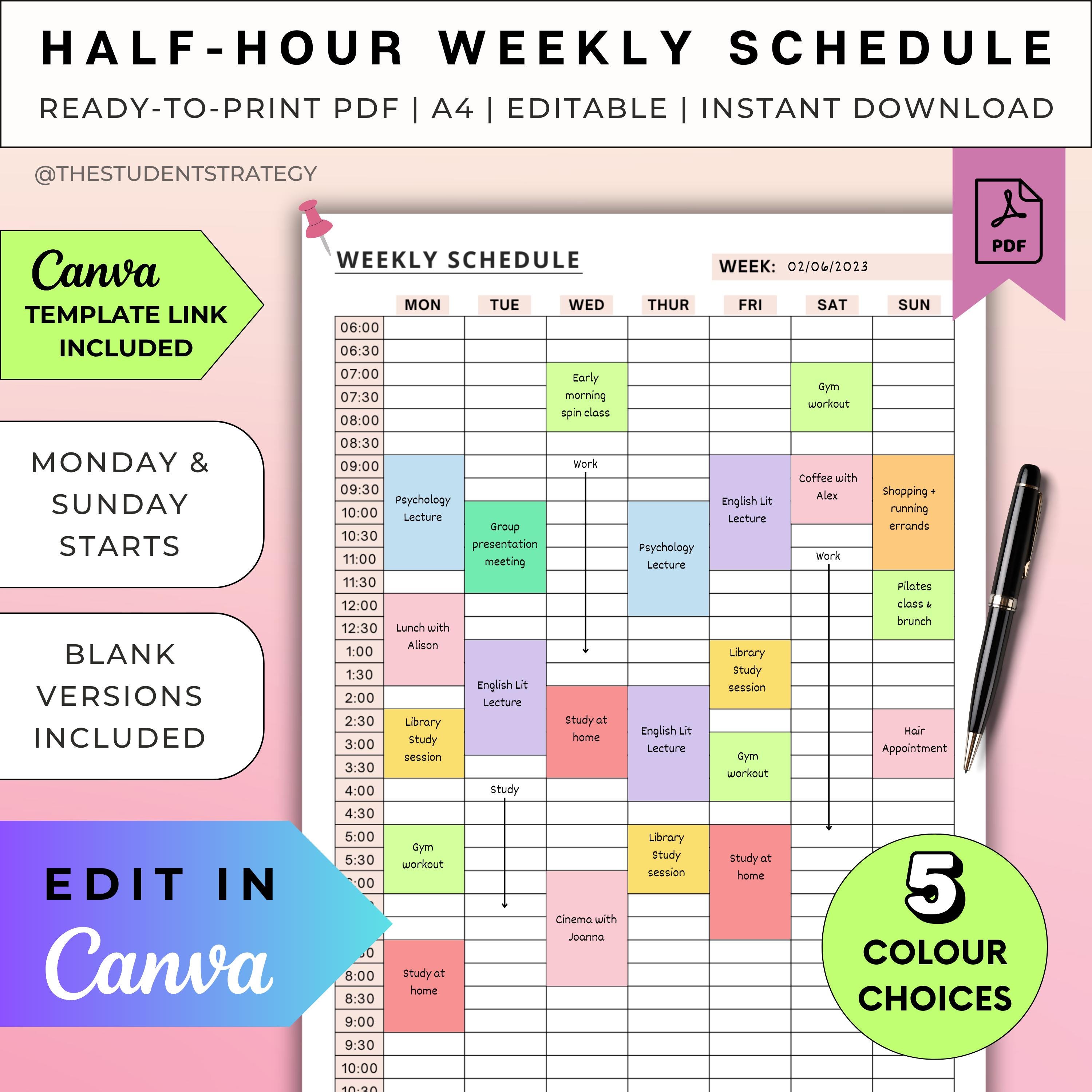 Half-hour Weekly Schedule | Printable Timeblocking Template | Week at a ...