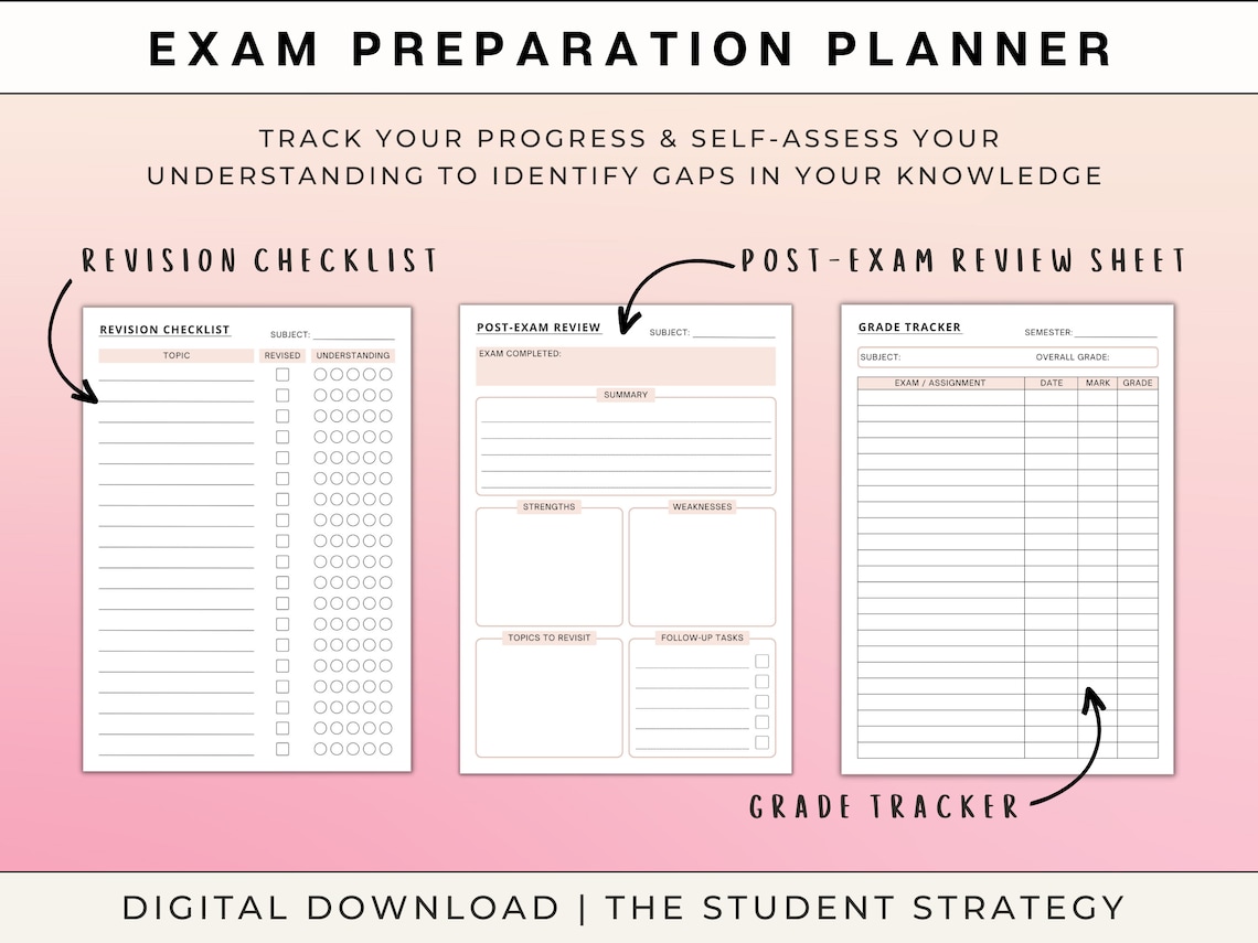 Student Exam Prep Planner Printable Exam Study Template College School ...