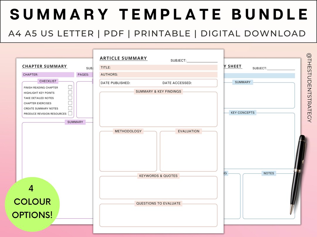 Summary Template Bundle for Students Revision Sheets Chapter & Article ...