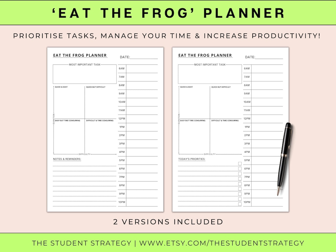 Eat the Frog | Daily Task Priority Planner | Hourly Time Blocking ...