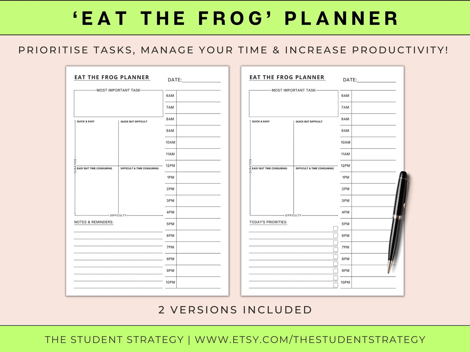 Eat the Frog | Daily Task Priority Planner | Hourly Time Blocking ...