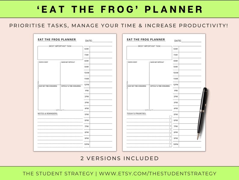 Eat the Frog | Daily Task Priority Planner | Hourly Time Blocking ...