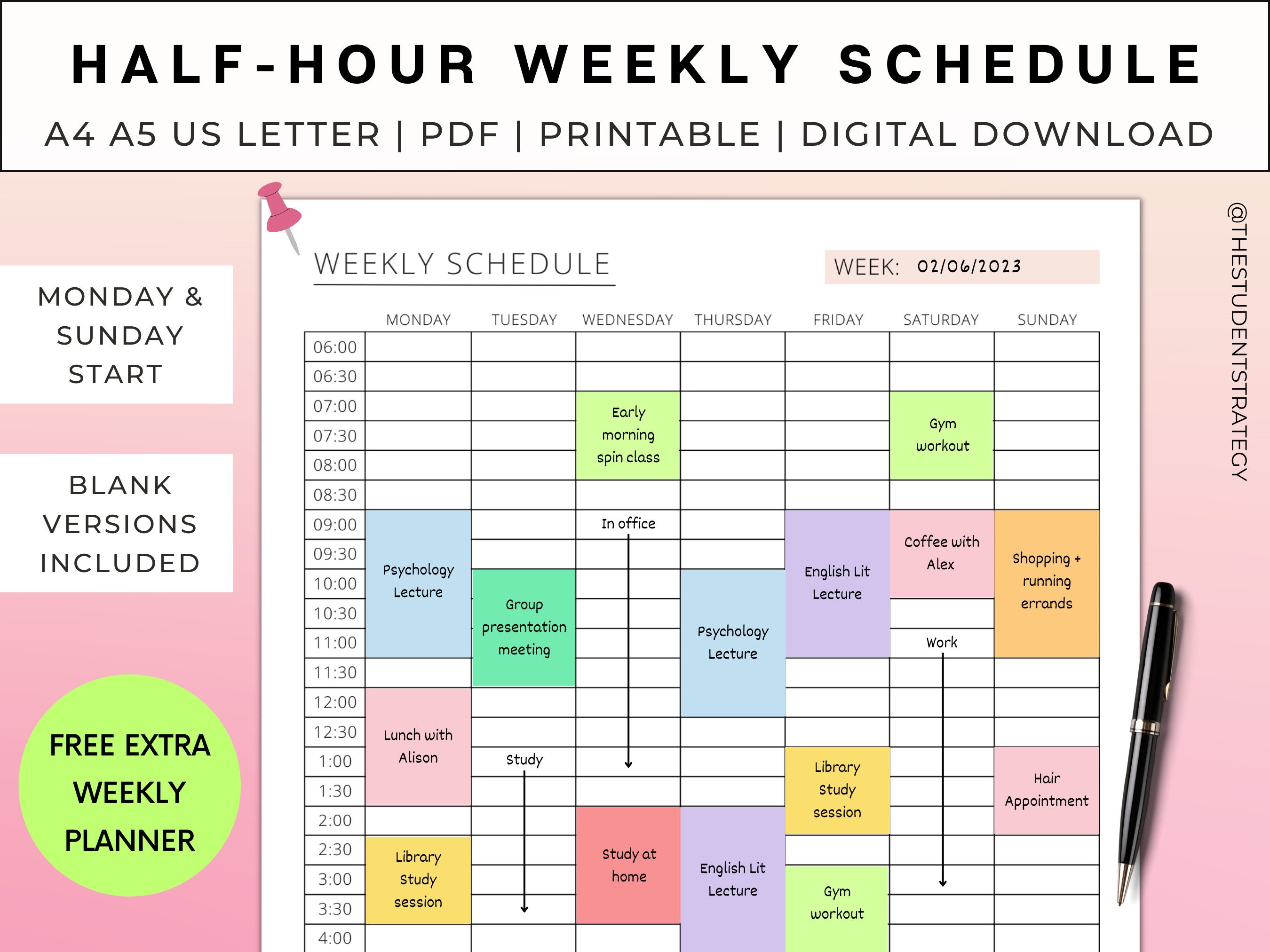Half-hour Weekly Schedule Template Printable Weekly Planner Time ...