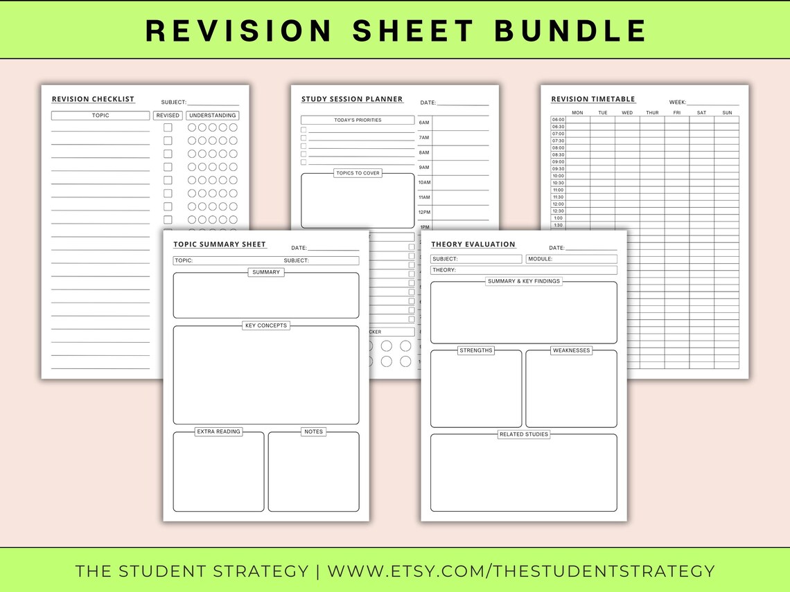 Revision Sheet Bundle | Revision Timetable & Checklist | Study Session ...
