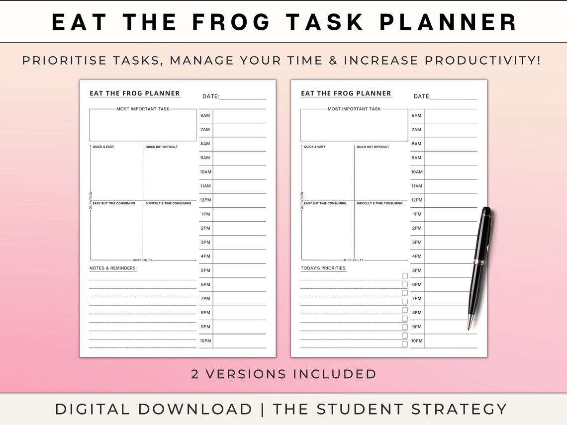 Eat the Frog | Daily Task Priority Planner | Hourly Time Blocking ...
