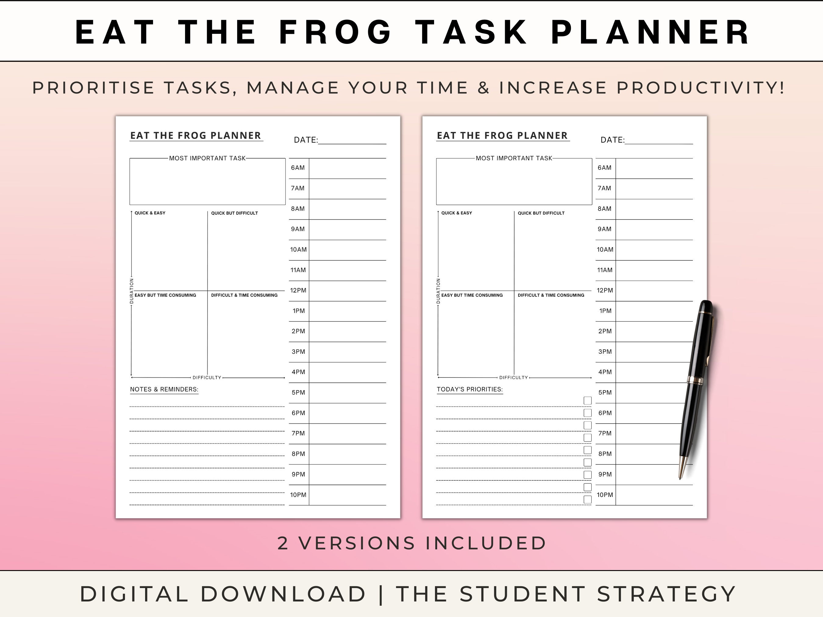 Eat the Frog | Daily Task Priority Planner | Hourly Time Blocking ...