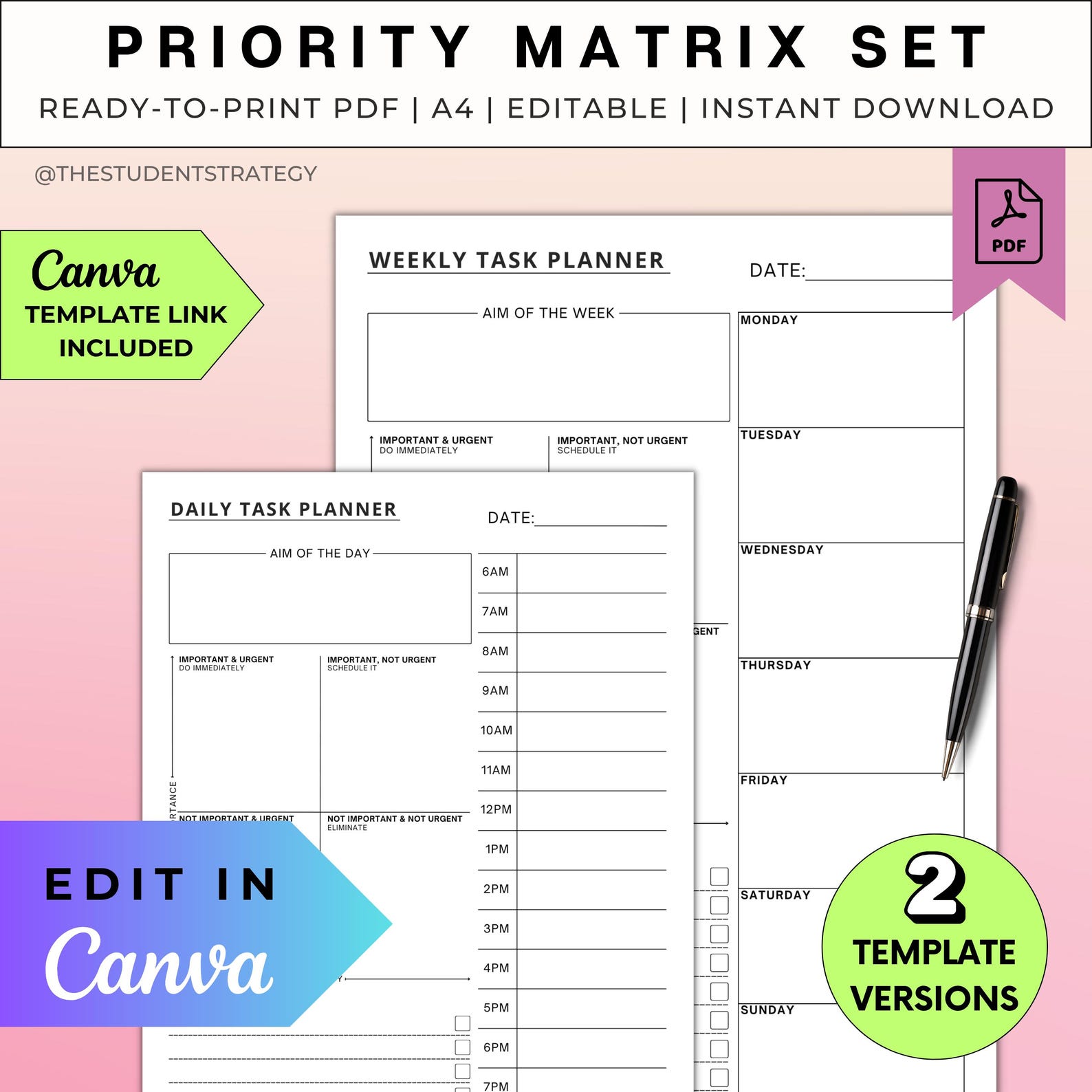 Task Priority Matrix Set | Daily & Weekly Priority Planner | Eisenhower ...