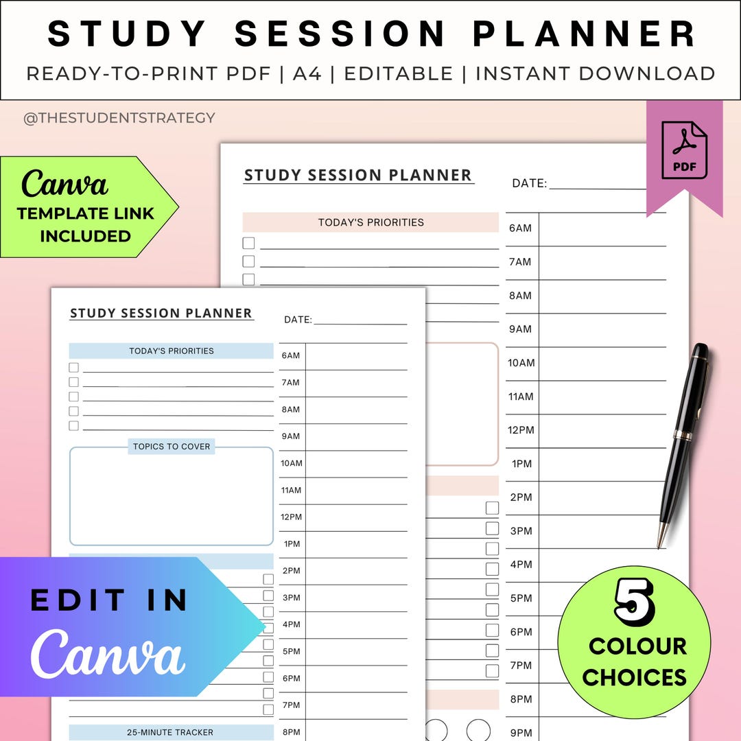 Simple Study Session Planner | Daily Study Plan | Printable Revision ...