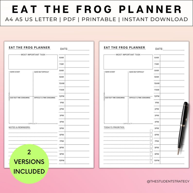 Eat the Frog | Daily Task Priority Planner | Hourly Time Blocking ...