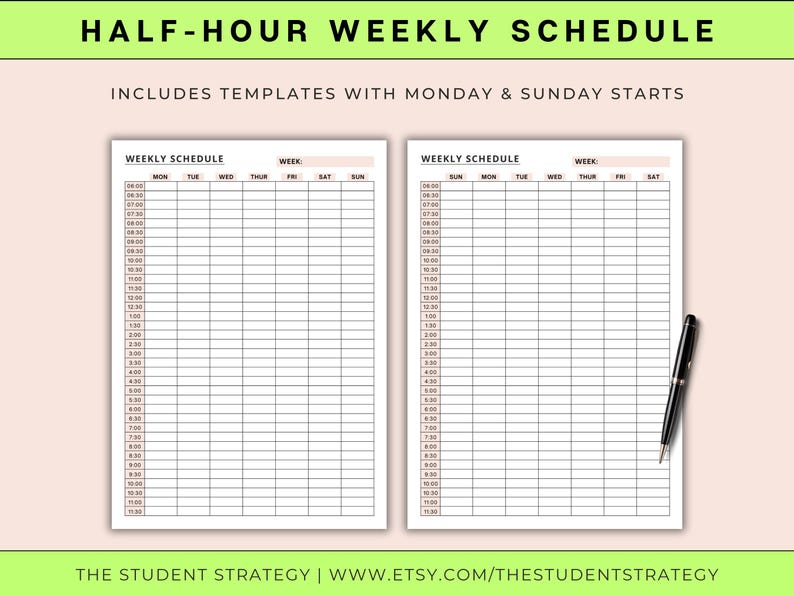 Half-hour Weekly Schedule | Printable Timeblocking Template | Week at a ...