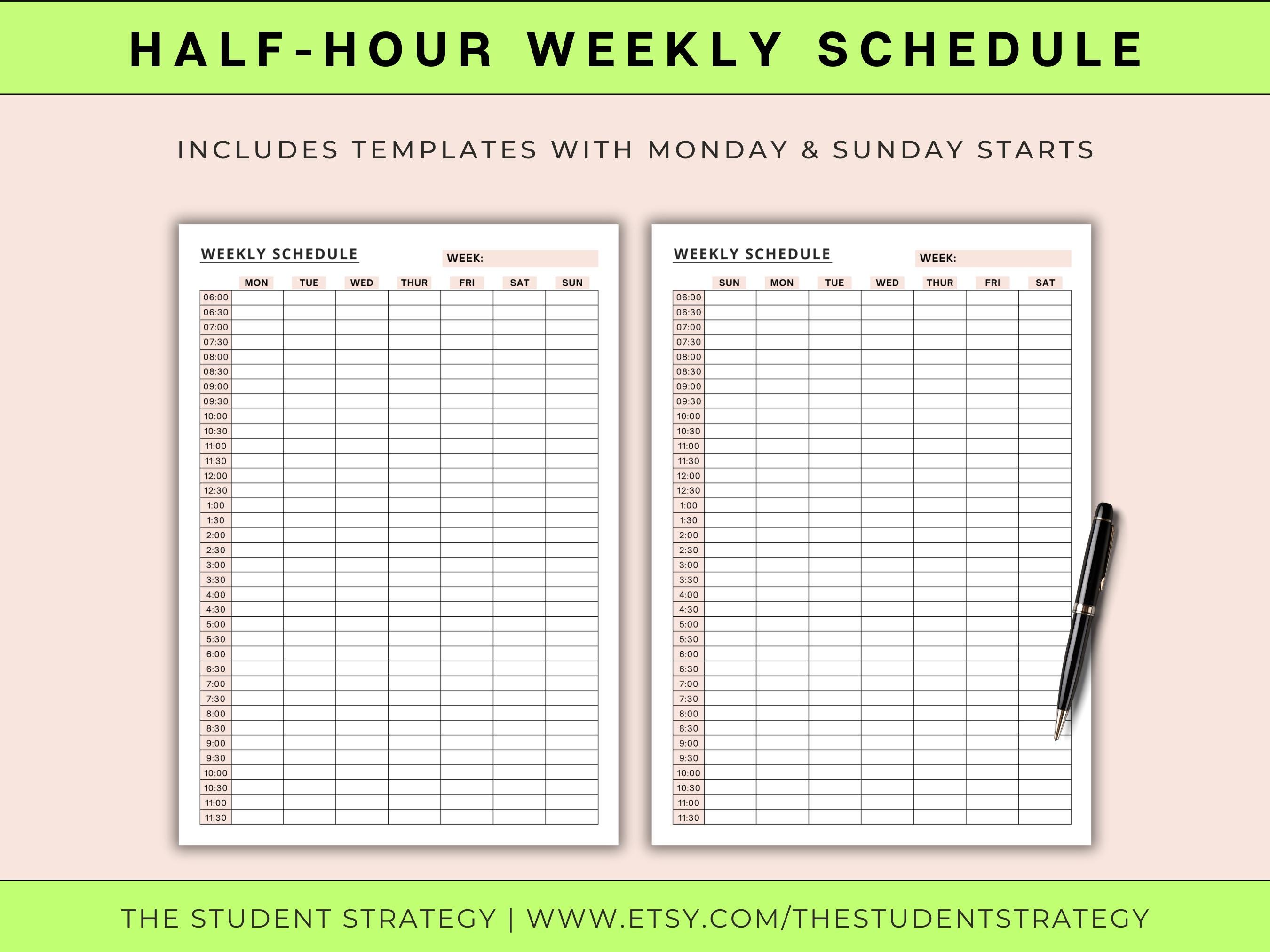 Half-hour Weekly Schedule | Printable Timeblocking Template | Week at a ...