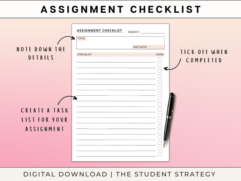 Simple Assignment Checklist for Students | Printable Assignment Planner Sheet | Homework ...