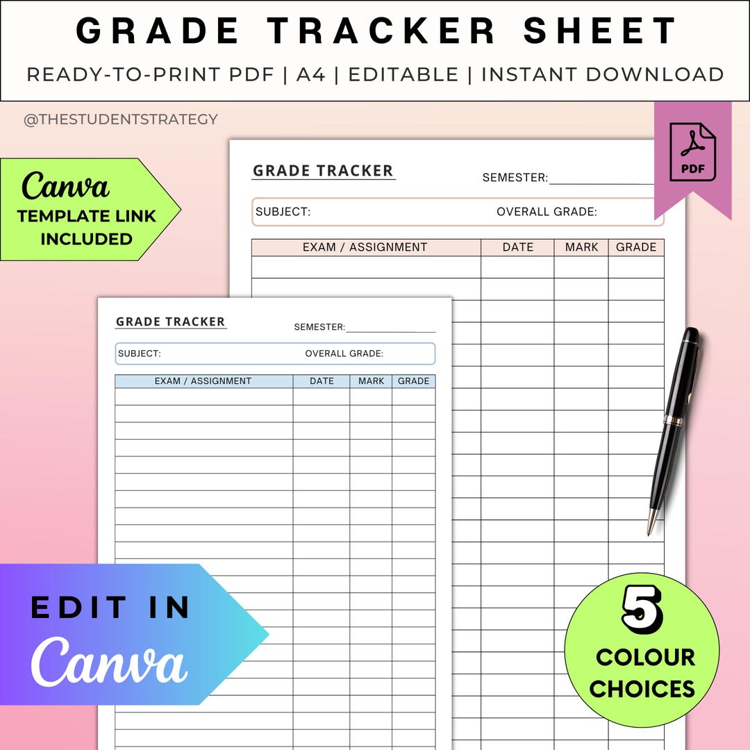 Simple Grade Tracker | Printable Grade Sheet for Students | College ...