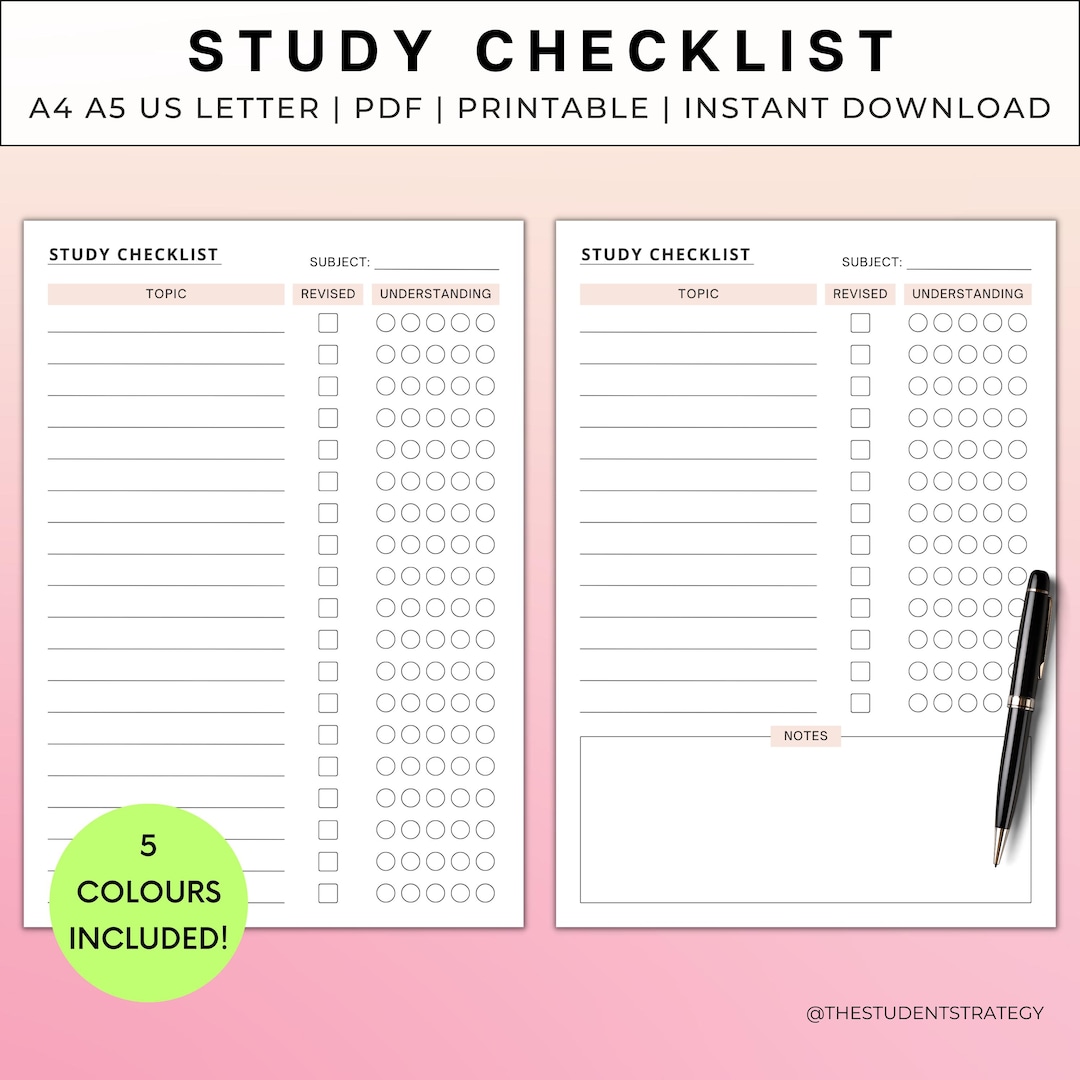 Simple Study Checklist for Students | Printable Revision Checklist ...