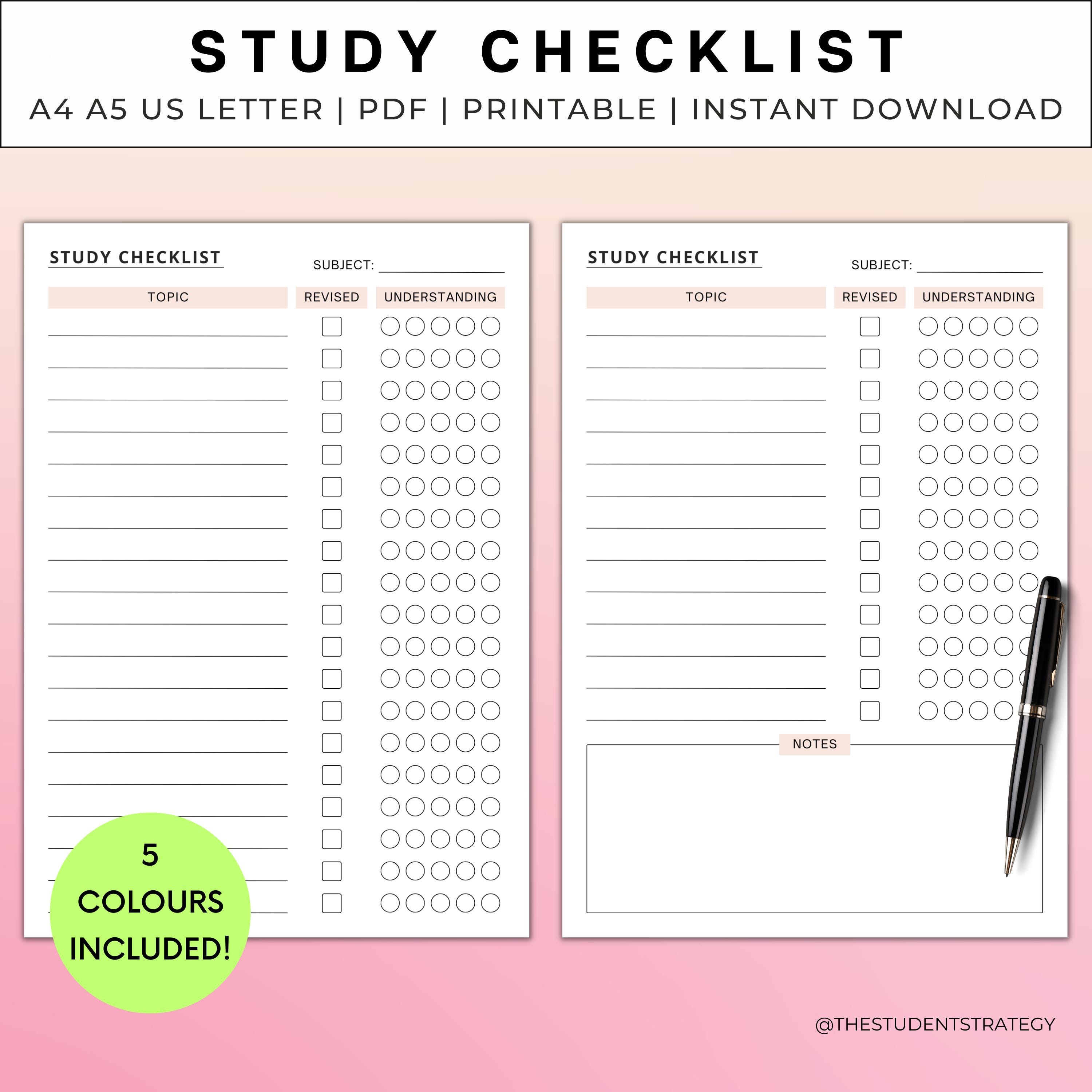 Simple Study Checklist for Students Printable Revision Checklist ...