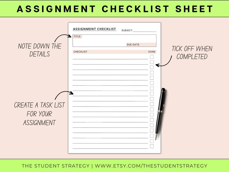 Simple Assignment Checklist for Students | Printable Assignment Planner ...