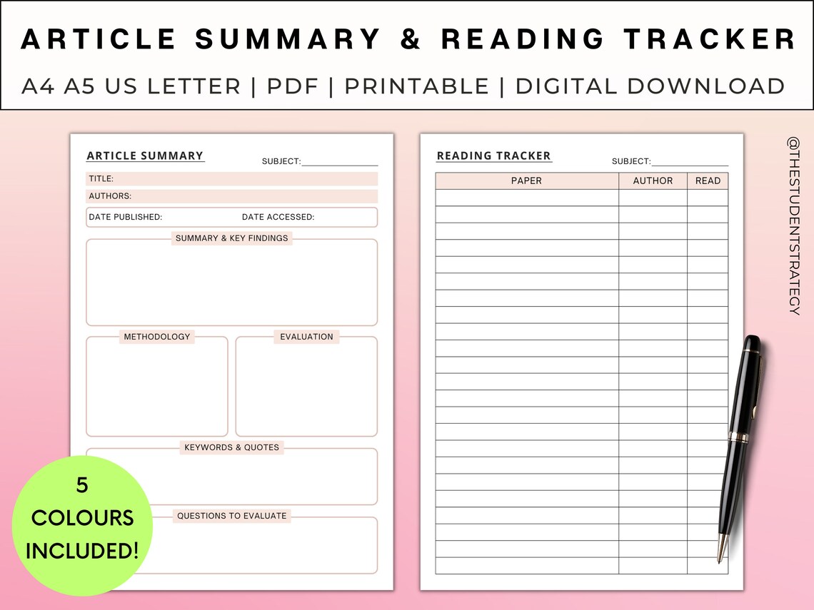 Article Summary & Reading Log Bundle Printable Research Paper Summary ...