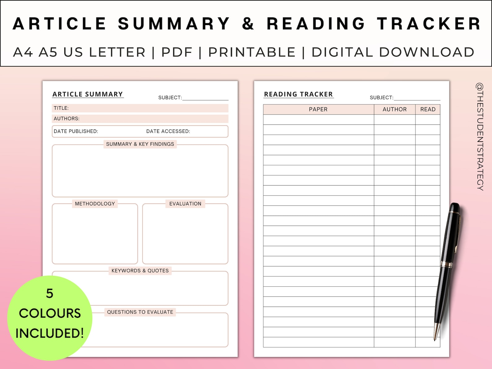 Article Summary & Reading Log Bundle Printable Research Paper Summary ...