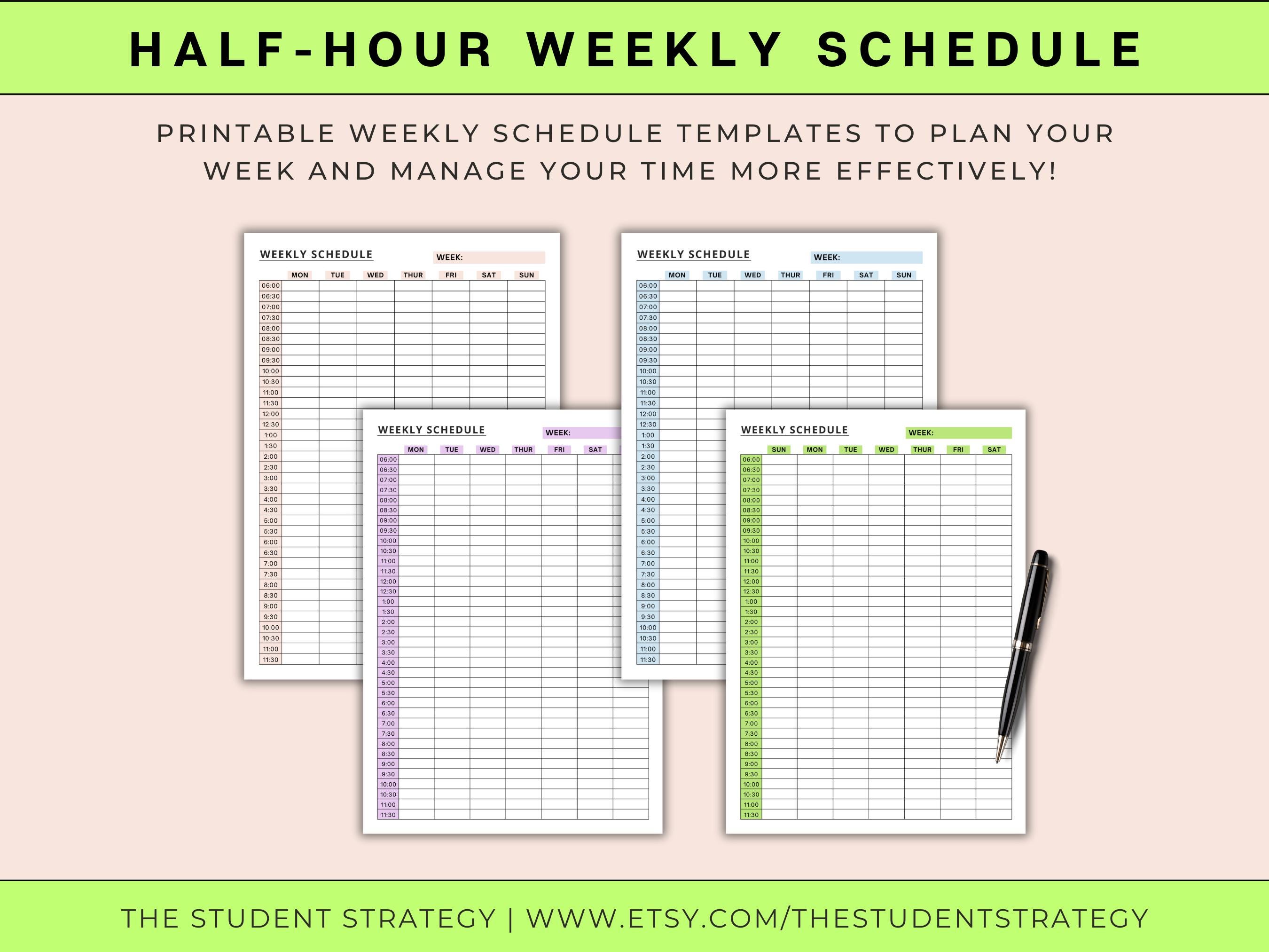 Half-hour Weekly Schedule | Printable Timeblocking Template | Week at a ...