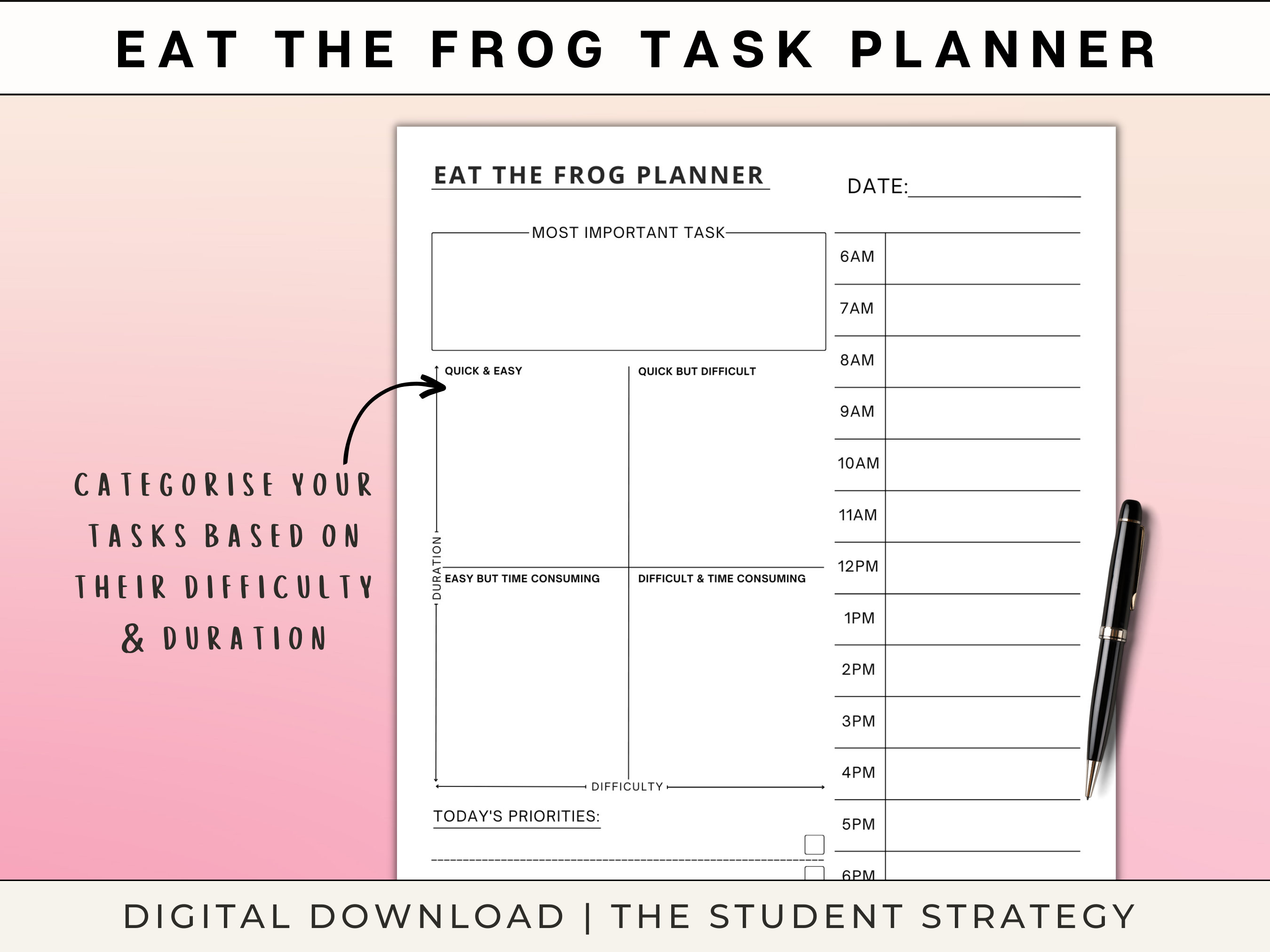 Eat the Frog | Daily Task Priority Planner | Hourly Time Blocking ...
