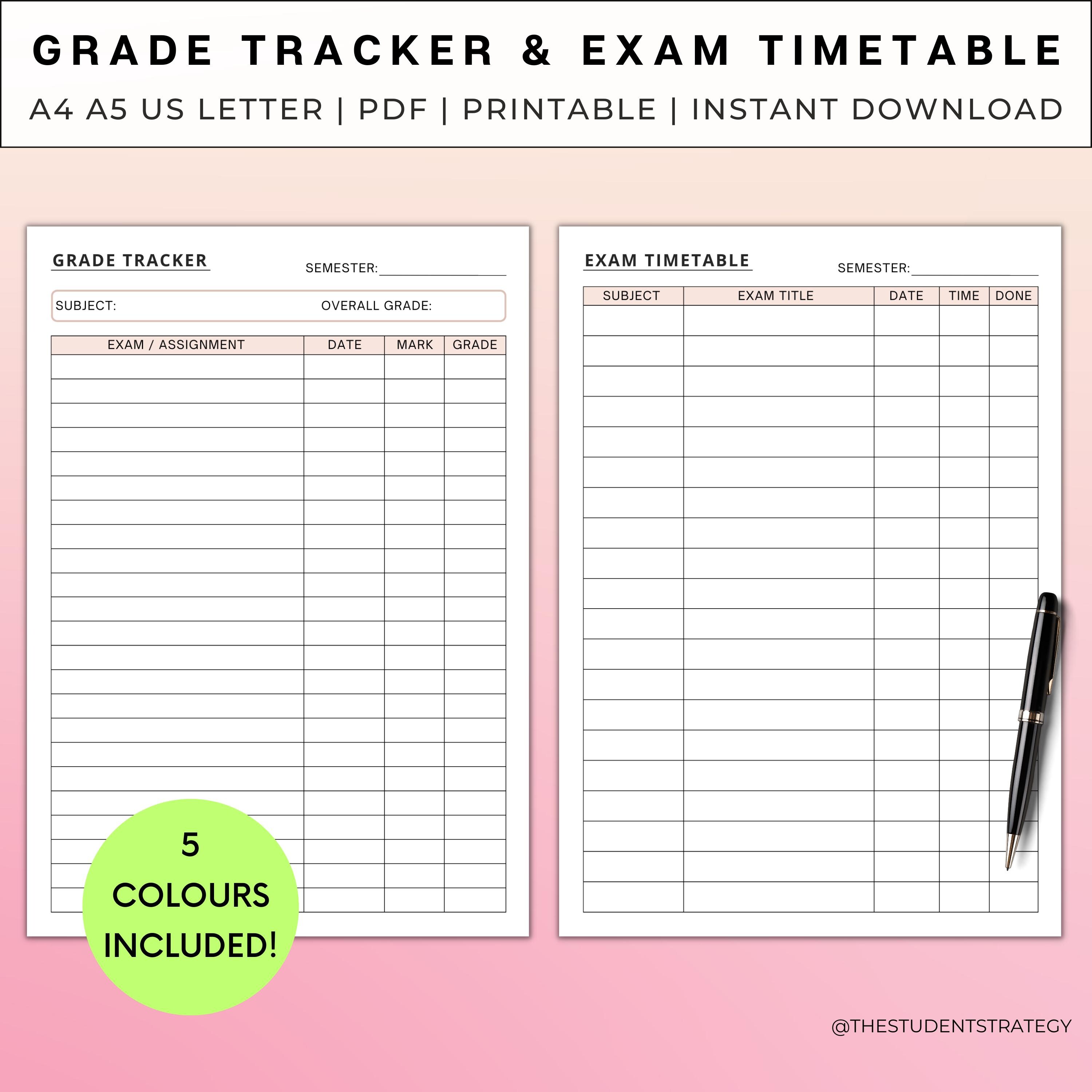 Simple Grade Tracker & Exam Timetable Set Printable Grade Sheet Exam ...