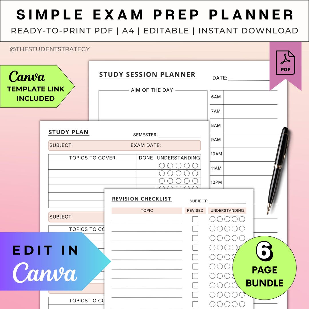 Simple Exam Prep Planner | Printable Exam Study Template | Revision ...