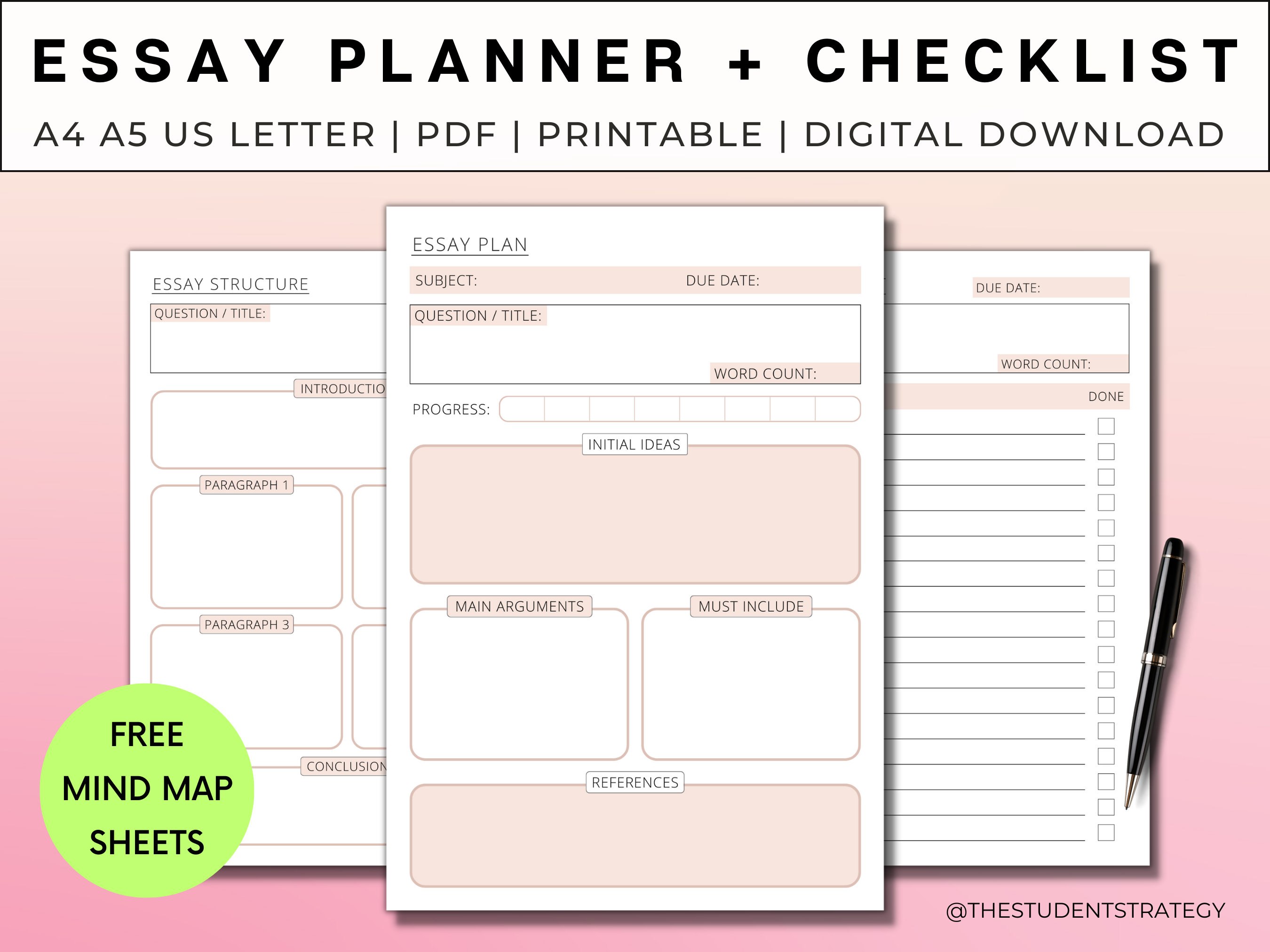 Simple Essay Planner & Checklist Printable Essay Writing Template for Students Essay Outline ...