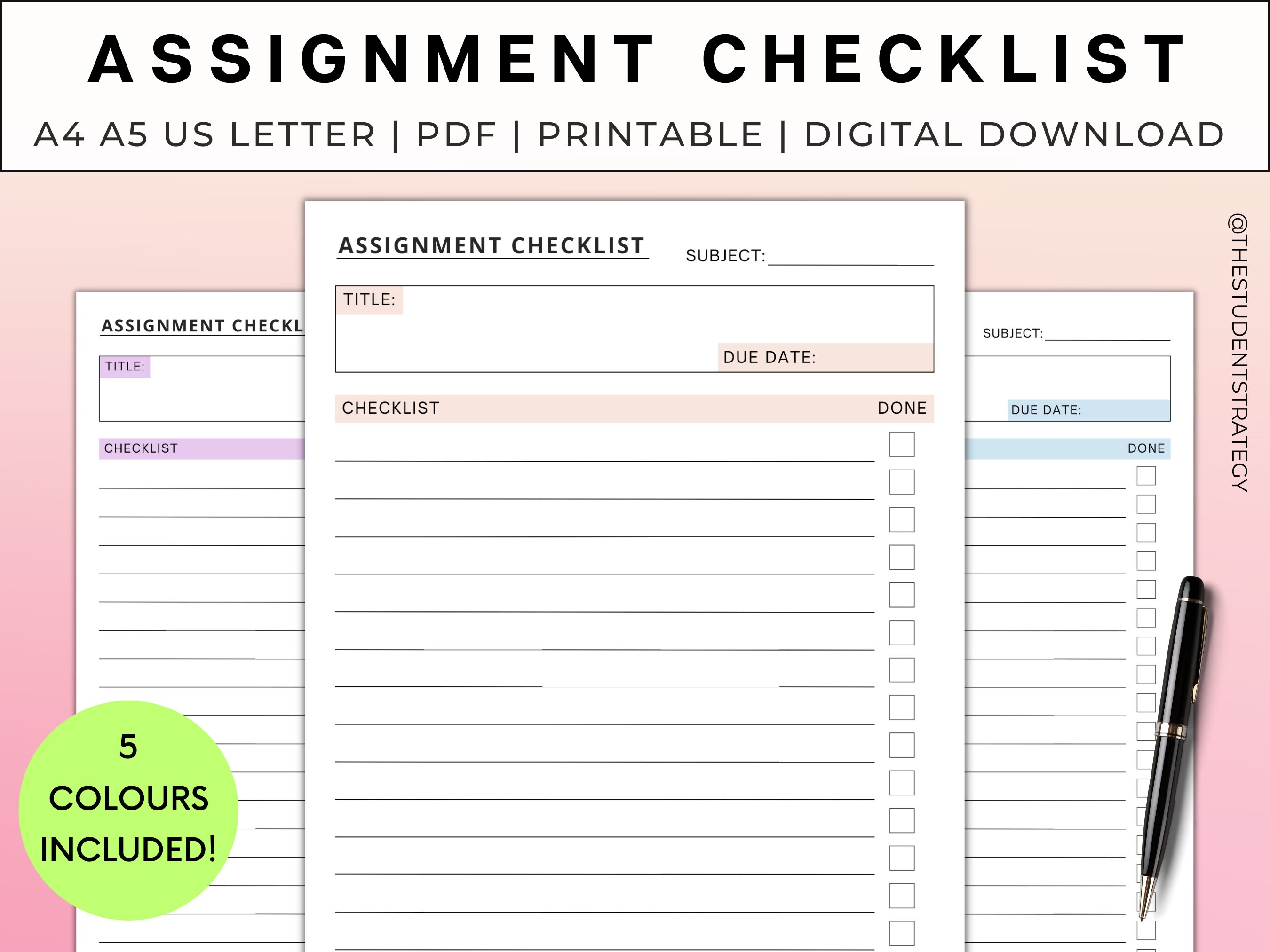 Simple Assignment Checklist for Students Printable Assignment Planner ...