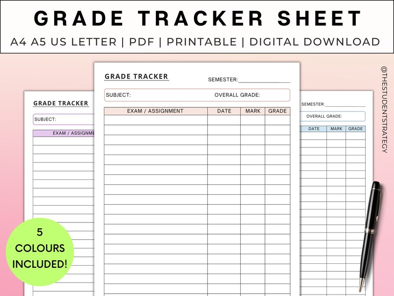 Simple Grade Tracker Printable Grade Sheet for Students College ...