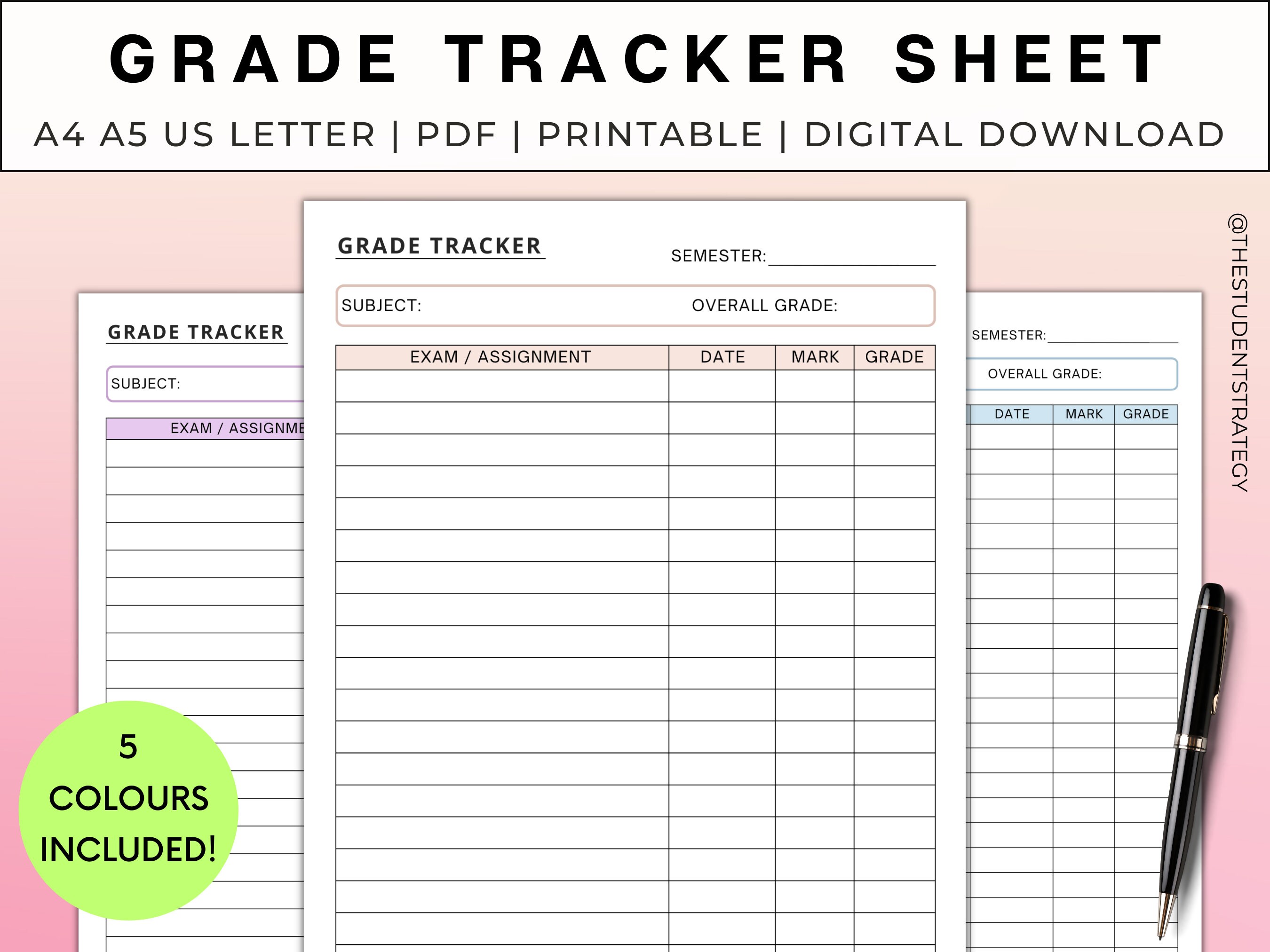 Simple Grade Tracker Printable Grade Sheet for Students College ...