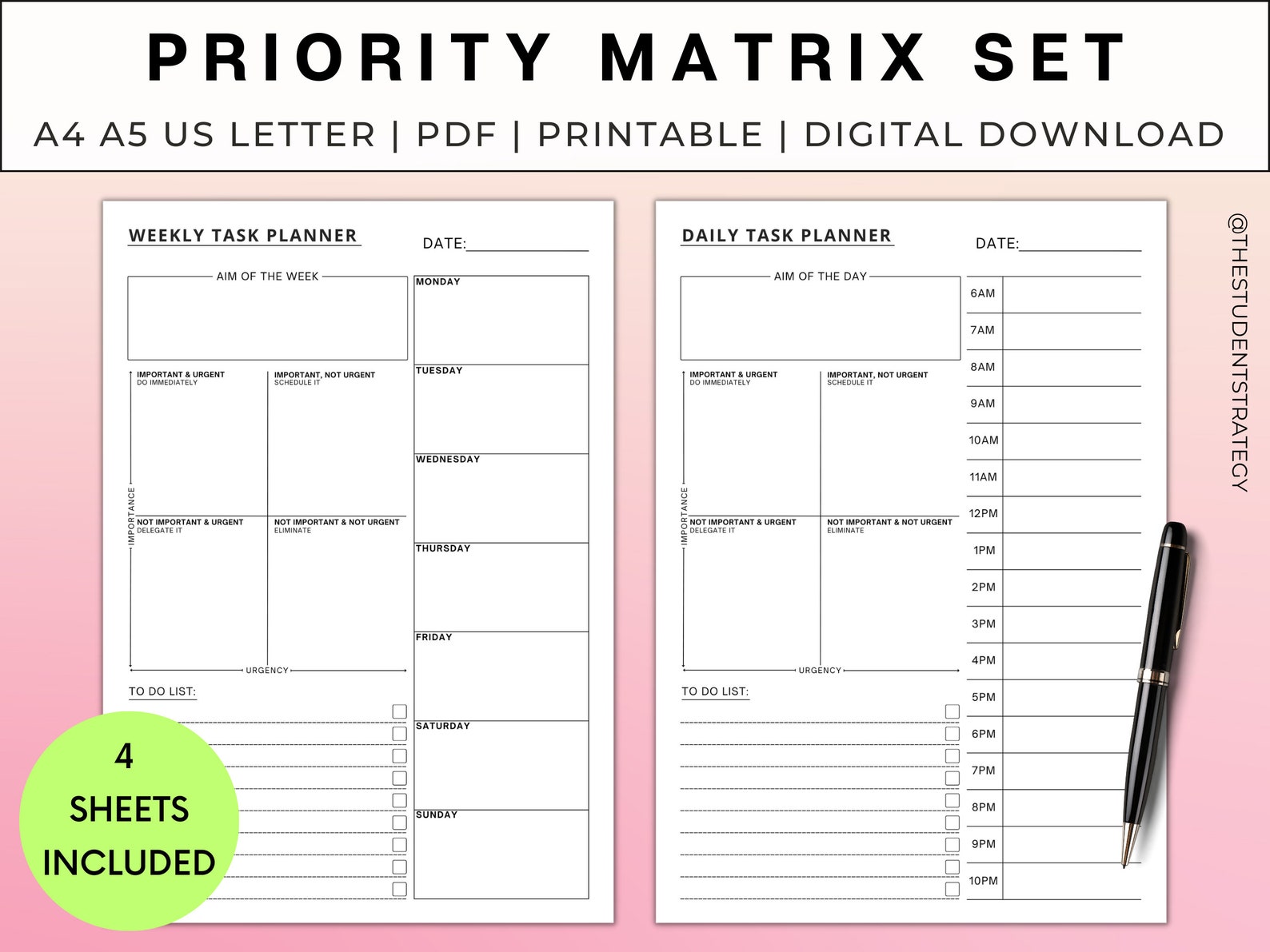 Task Priority Matrix Set Daily & Weekly Priority Planner Eisenhower ...