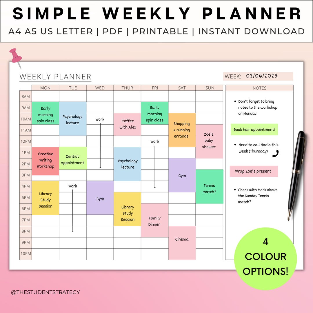 Simple Weekly Schedule Template | Weekly Planner Printable | Undated Weekly Plan | A4 A5 US ...