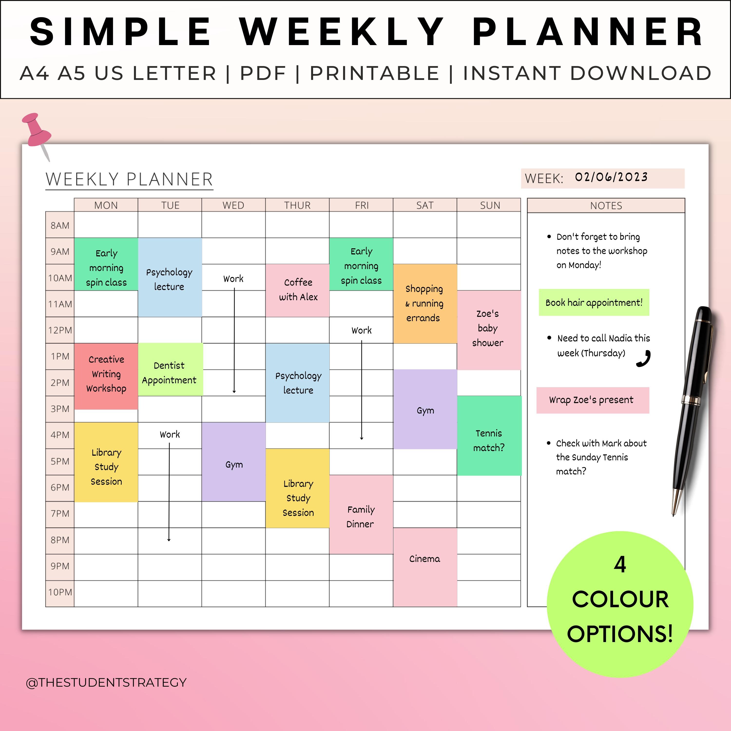 Simple Weekly Schedule Template Weekly Planner Printable Undated Weekly ...