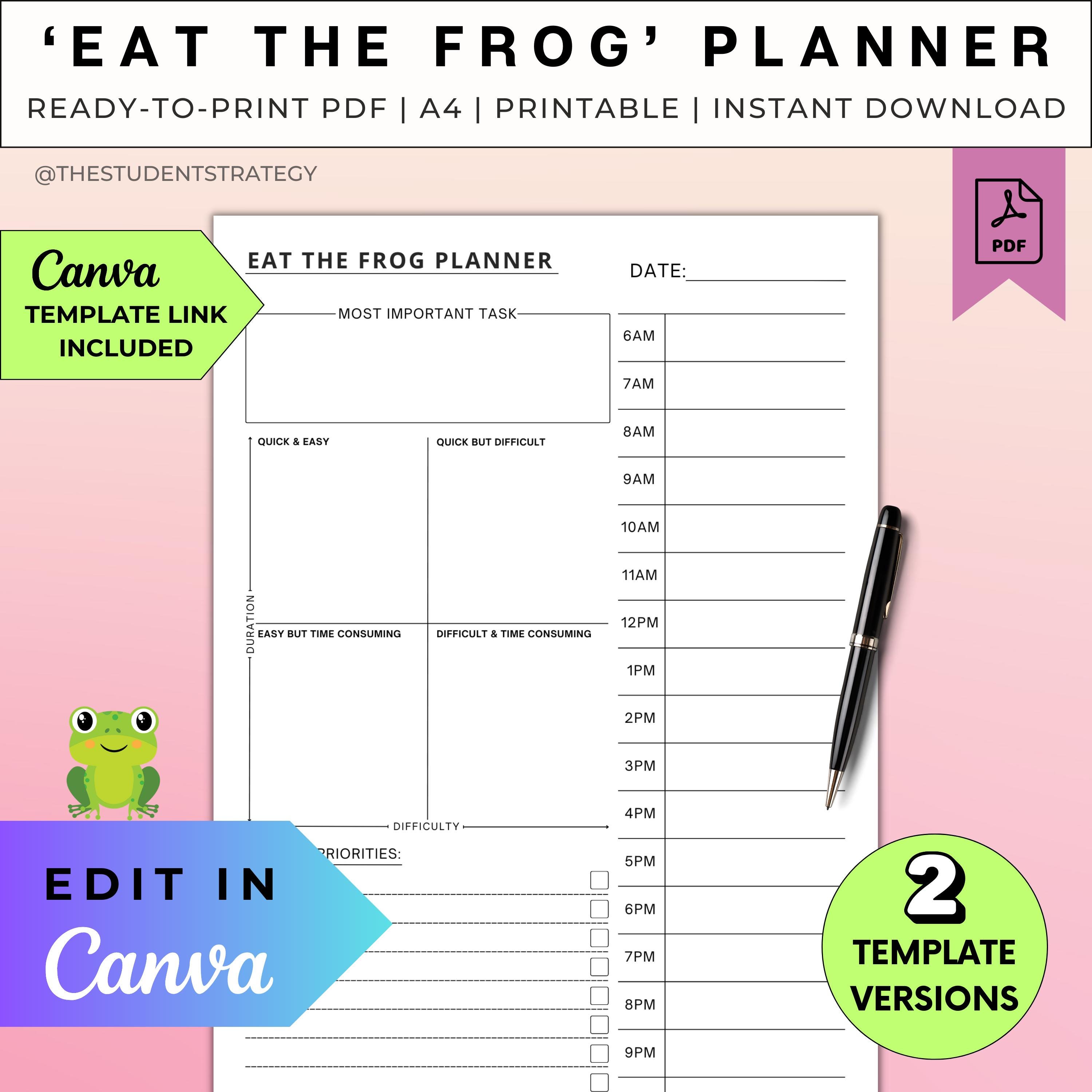 Eat the Frog | Daily Task Priority Planner | Hourly Time Blocking ...