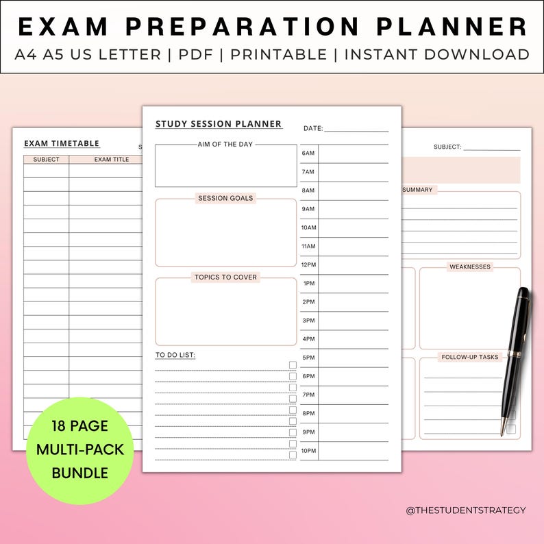 Student Exam Prep Planner | Printable Exam Study Template | College School University Revision ...