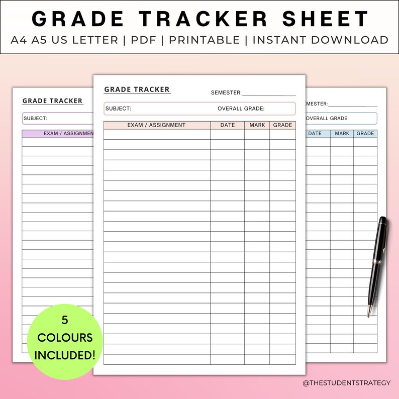 Simple Grade Tracker | Printable Grade Sheet for Students | College ...