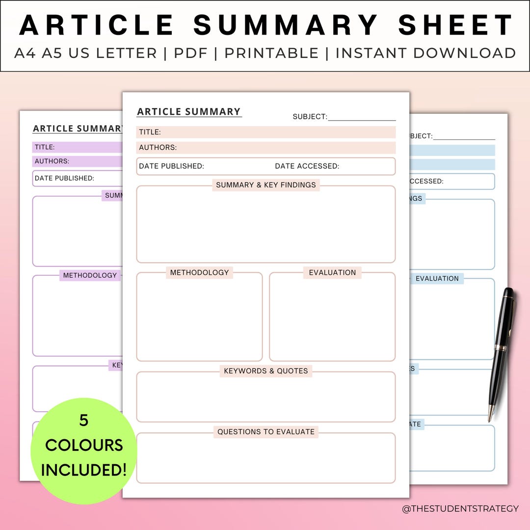 Article Summary Sheet for Students | Printable Research Paper Summary ...