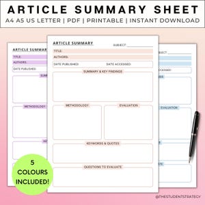 Article Summary Sheet for Students | Printable Research Paper Summary ...