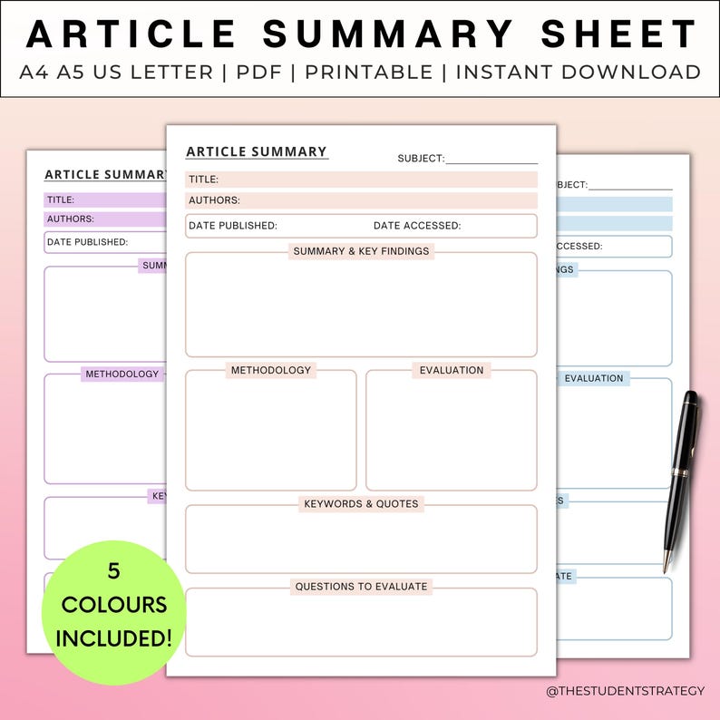 Article Summary Sheet for Students | Printable Research Paper Summary Template | College ...