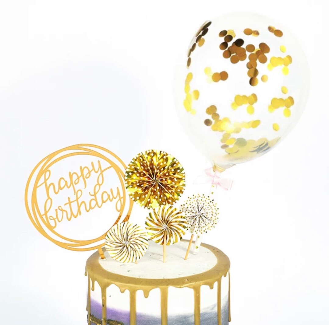 Gold Happy Birthday Balloon Cake Topper Set Fan Toppers - Etsy