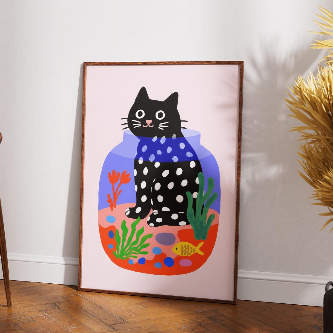 Whimsical Cat in a Fishbowl Wall Art Print - Trendy Eclectic Nursery ...